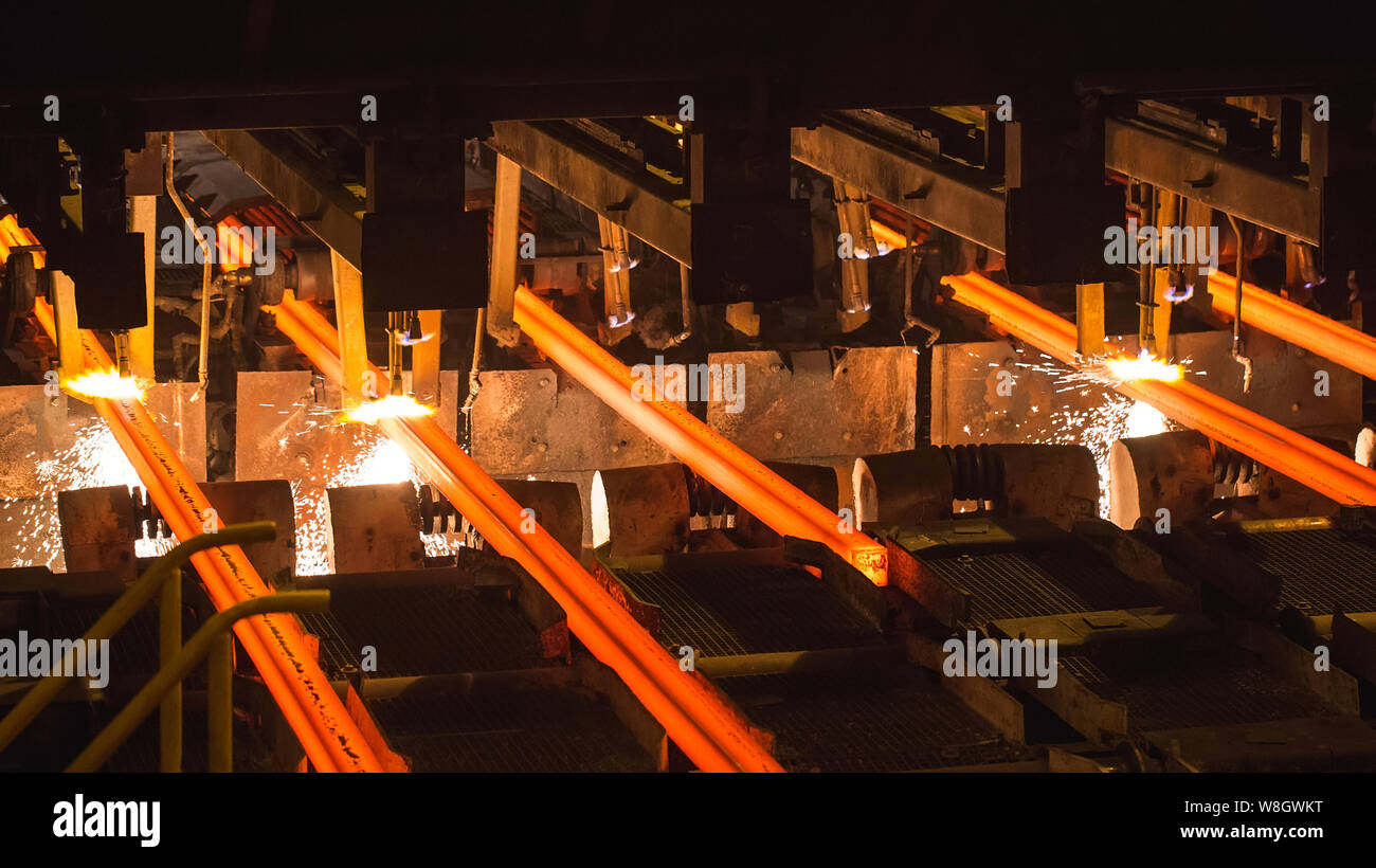 Steel Billets at Torch Cutting. Hot billet bloom continuous casting ...