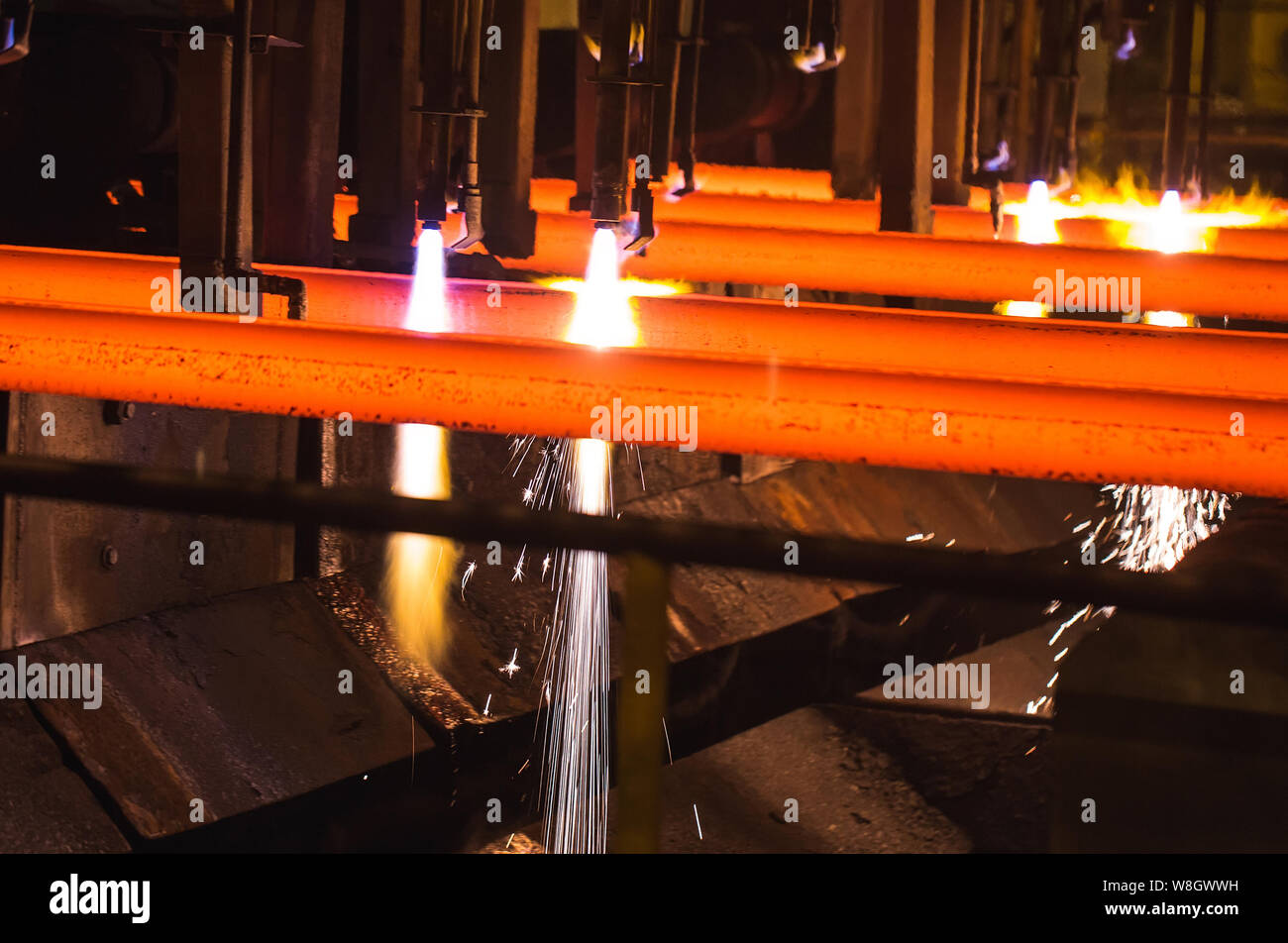 Steel Billets at Torch Cutting. Hot billet bloom continuous casting ...