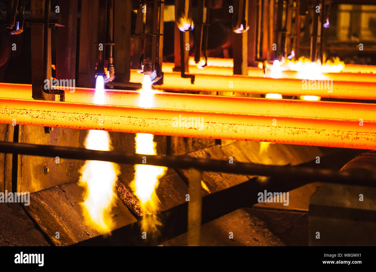 Steel Billets at Torch Cutting. Hot billet bloom continuous casting ...