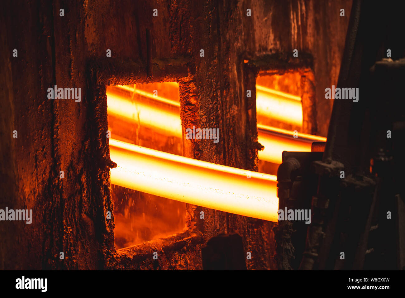 Steel Billets at Torch Cutting. Hot billet bloom continuous casting ...