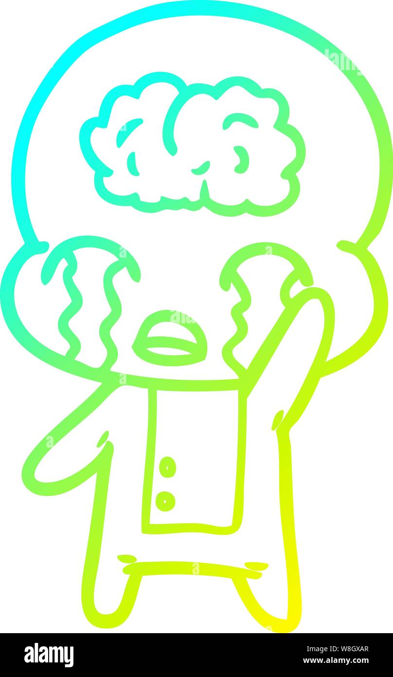 cold gradient line drawing of a cartoon big brain alien crying Stock ...