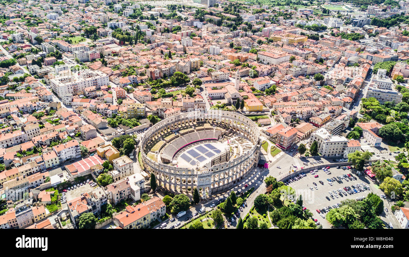 Pula aerial drone shot. The Arena is the only remaining Roman ...