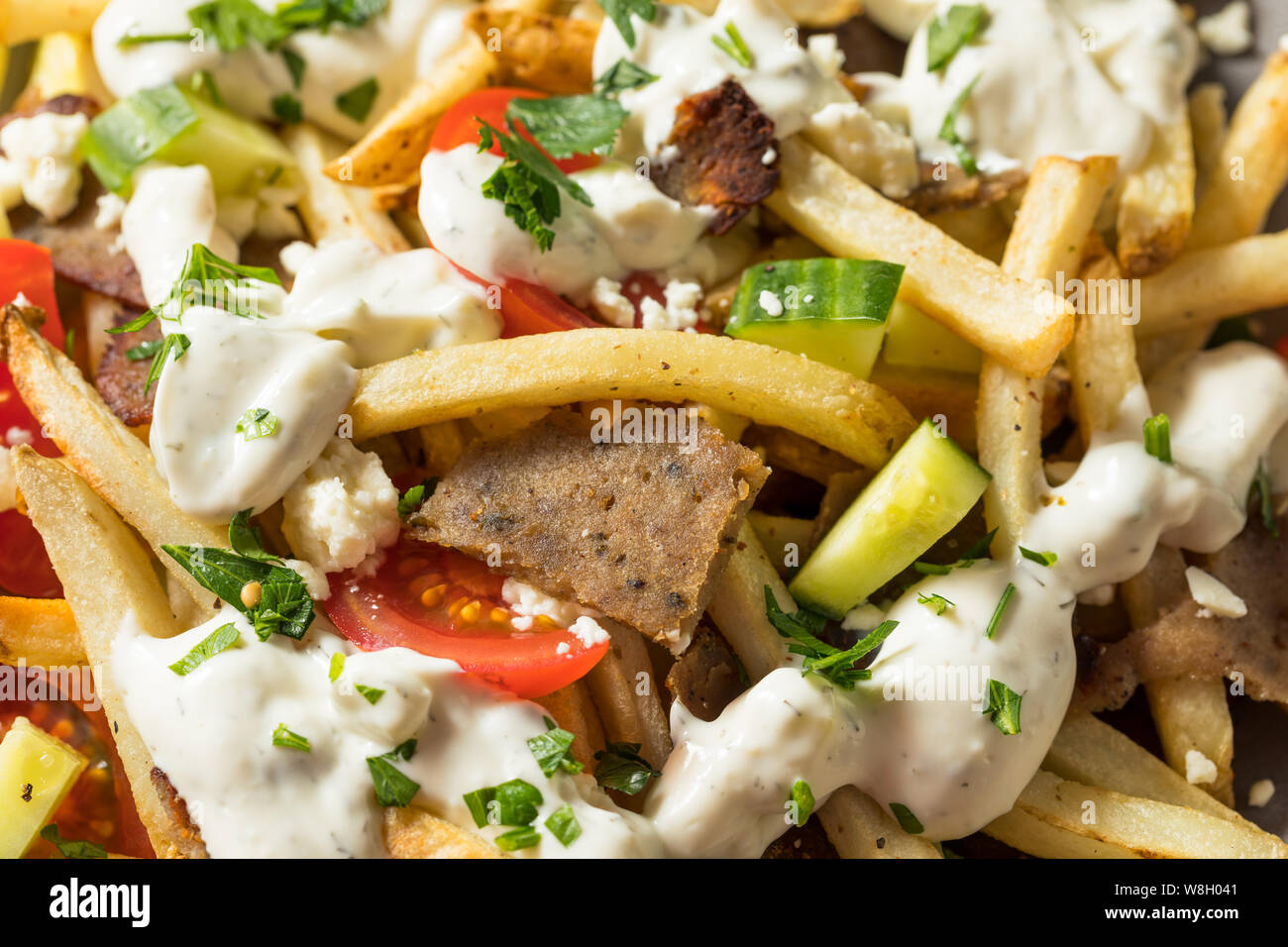Homemade Greek Gyro Meat French Fries with Tzatziki Sauce Stock Photo ...