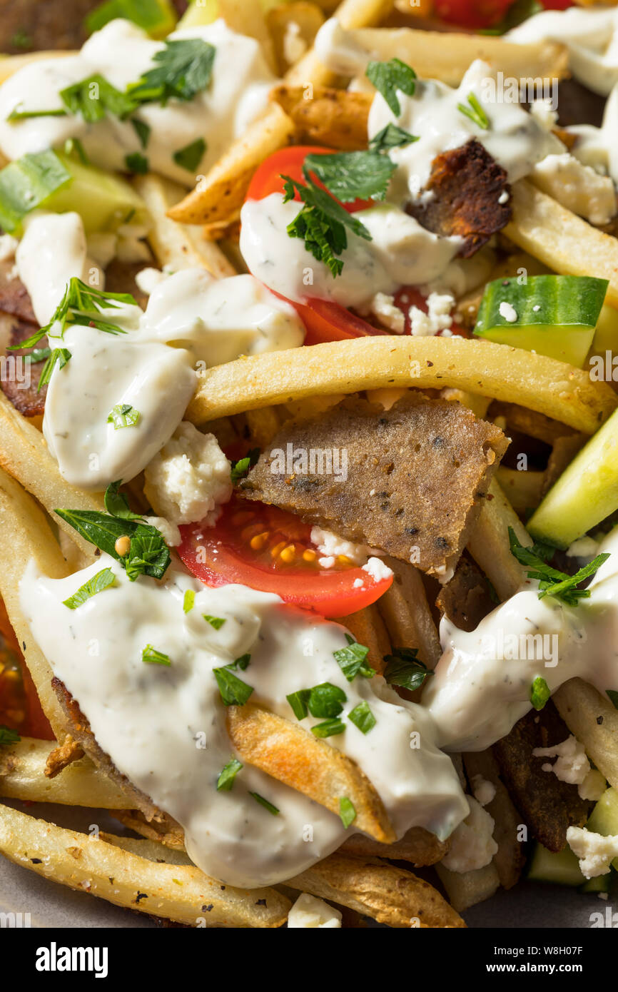 Homemade Greek Gyro Meat French Fries with Tzatziki Sauce Stock Photo ...