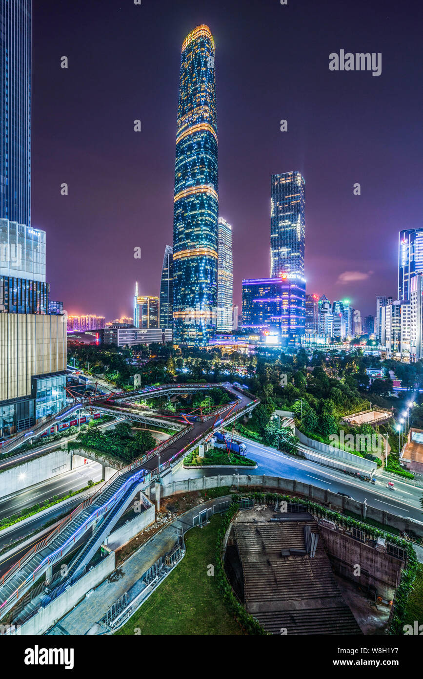 --FILE--Night view of skyscrapers and high-rise buildings in Guangzhou ...