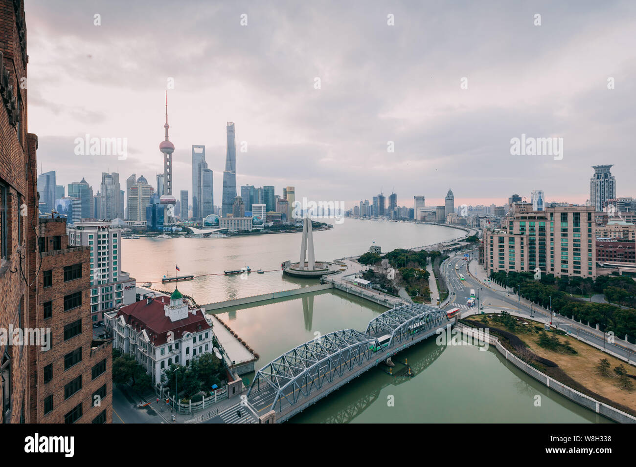 Skyline of Puxi with the Waibaidu Bridge, Huangpu River and the ...