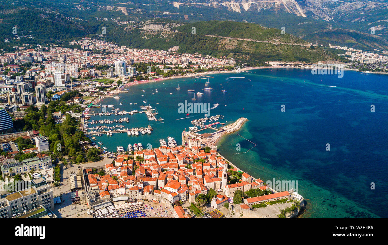 Old town in Budva in a beautiful summer day, Montenegro. Aerial image ...