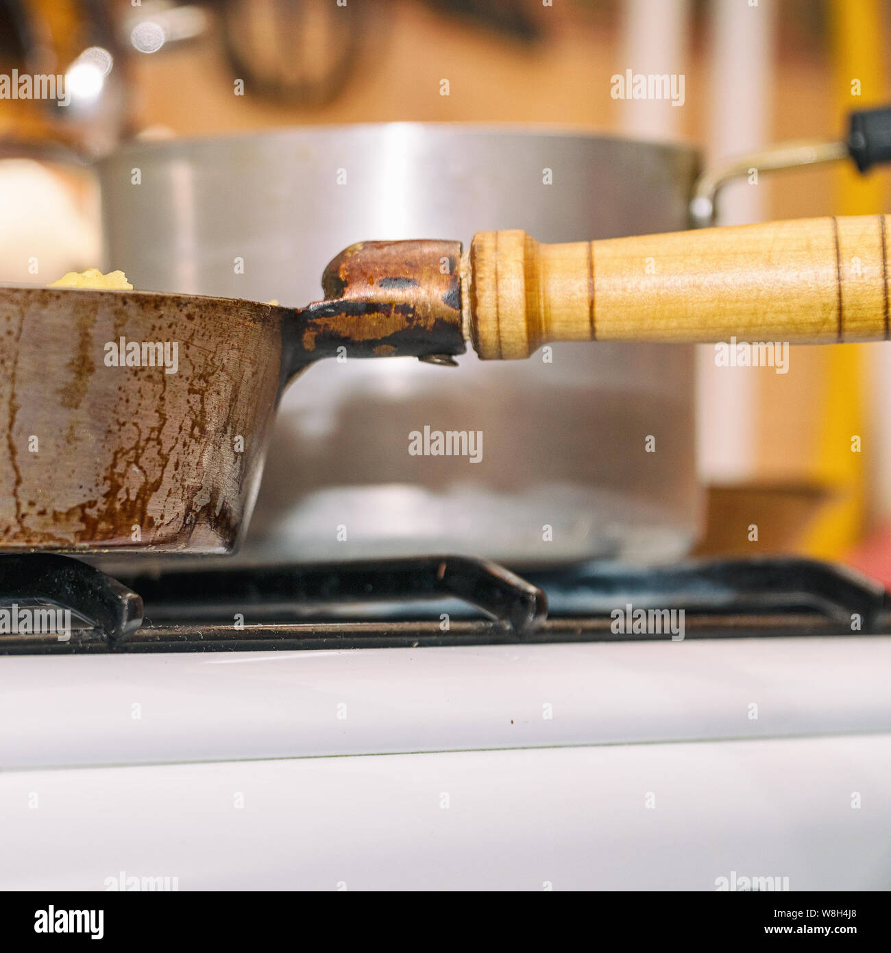 Pan on the gas stove close-up. Kitchen utensils. Selective focus Stock ...
