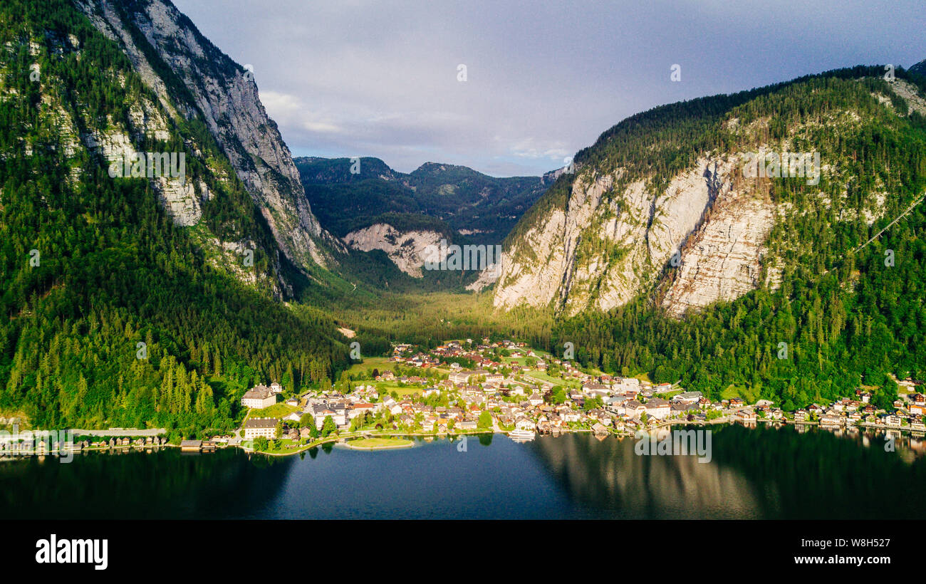 Aerial view from above on famous historical Hallstatt town on ...