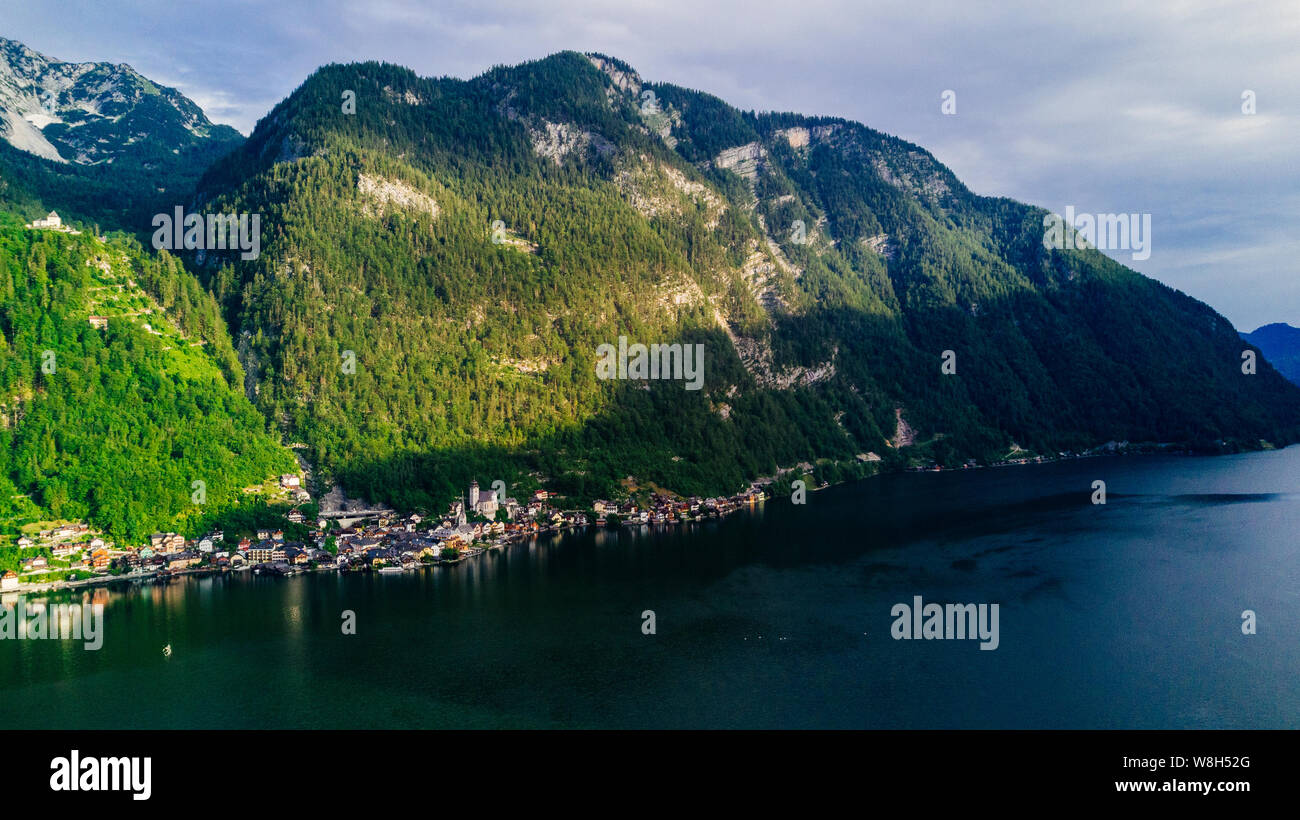 Aerial view from above on famous historical Hallstatt town on ...