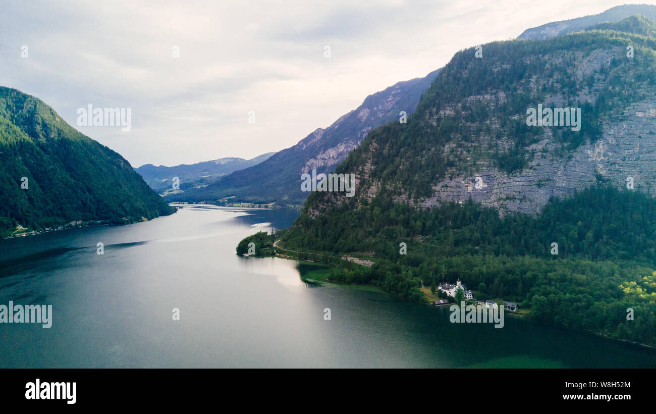 Aerial view from above on famous historical Hallstatt town on ...