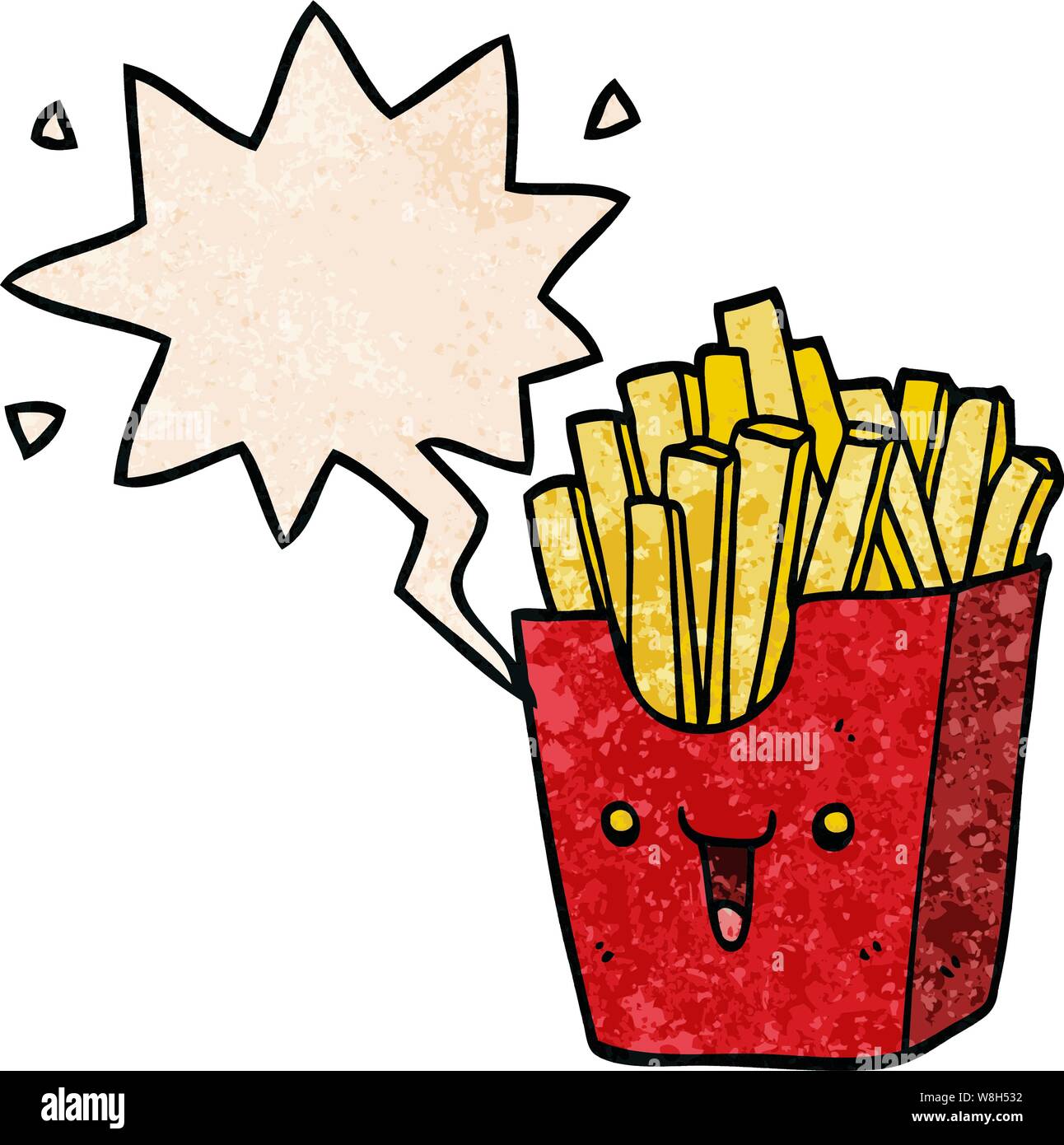 cute cartoon box of fries with speech bubble in retro texture style ...