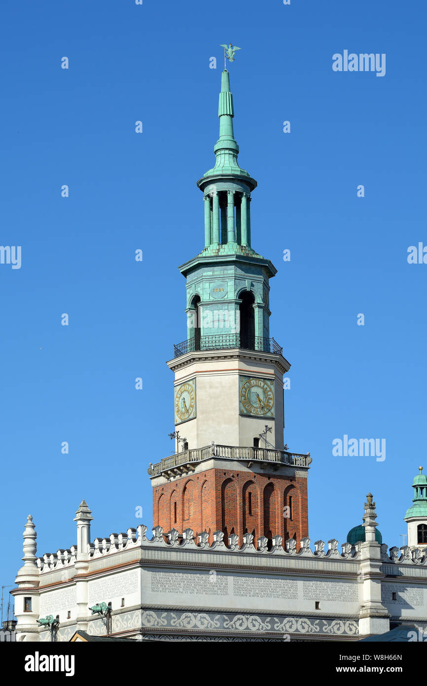 Tower of the City hall on the market place Stary Rynek in the center of ...