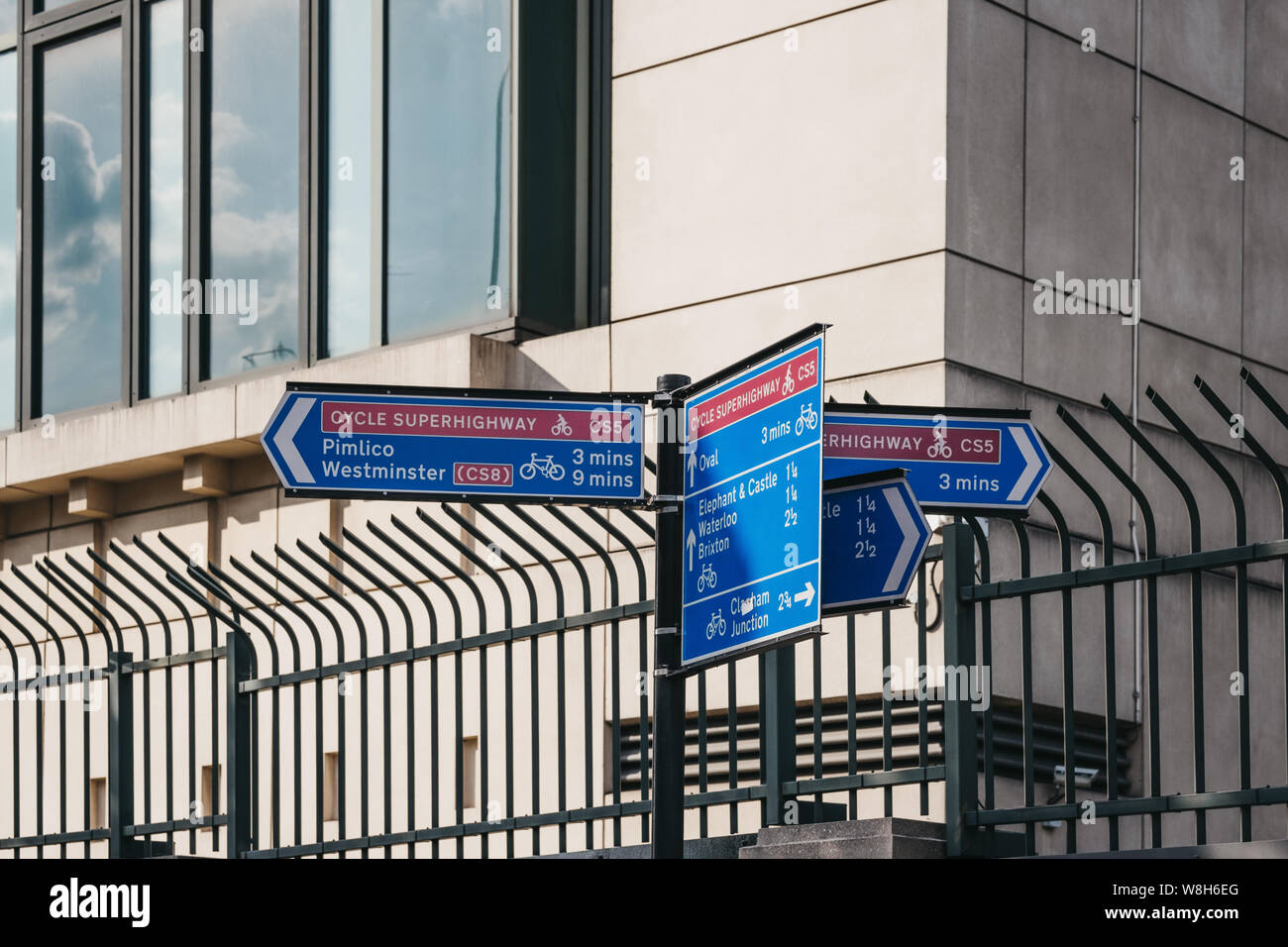 London, UK - July 16, 2019: Directions and signs for cycling ...