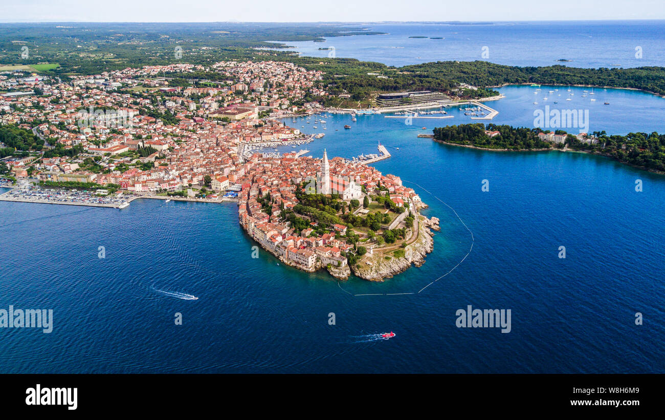 Beautiful Rovinj aerial view from above the Adriatic sea. The old town ...