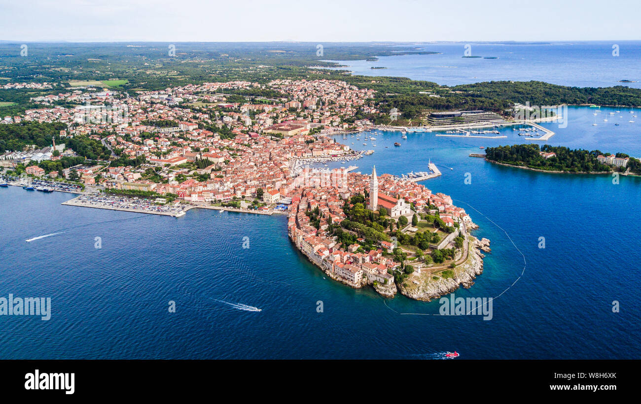 Beautiful Rovinj aerial view from above the Adriatic sea. The old town ...