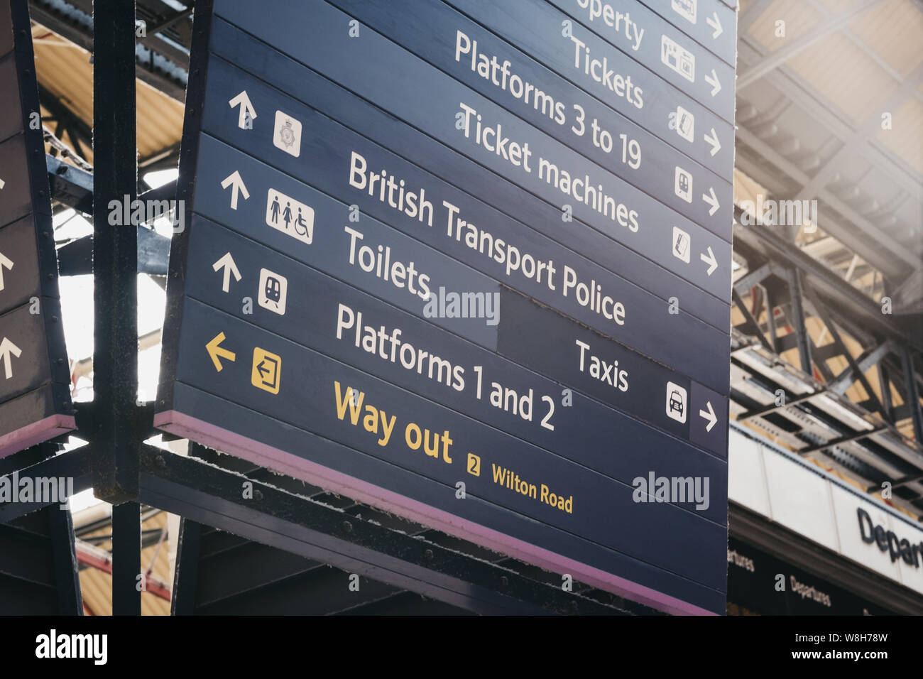 London, UK - July 16, 2019: Low angle view of the directional sign ...