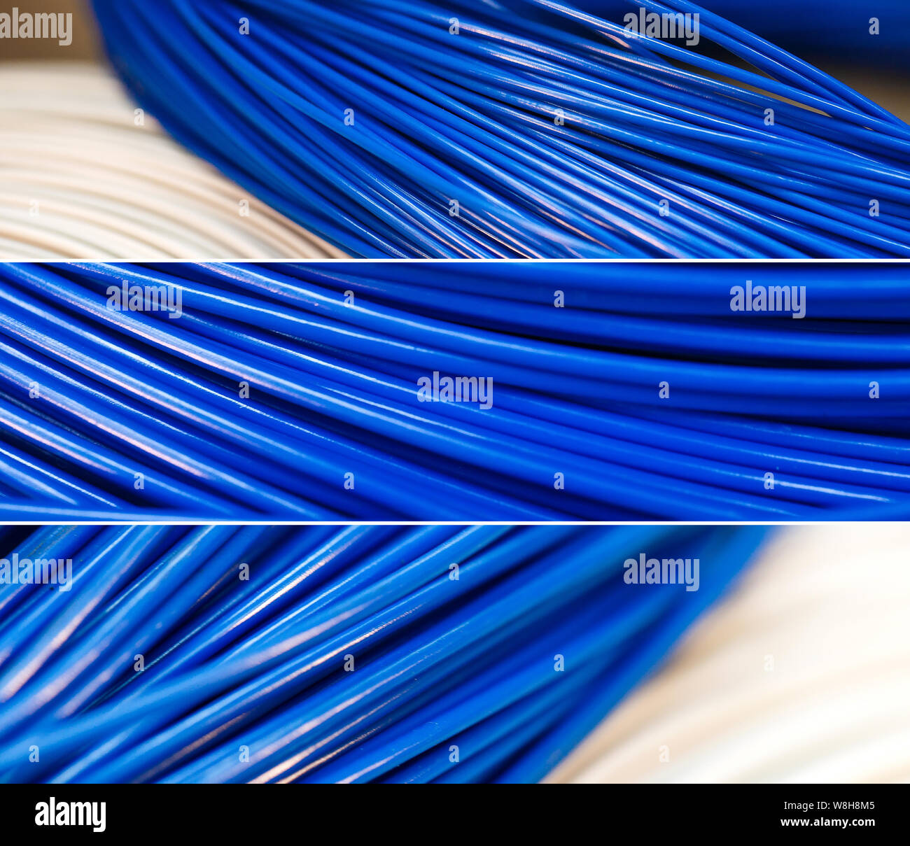 close up a roll of white and blue cable. collage of photos Stock Photo ...