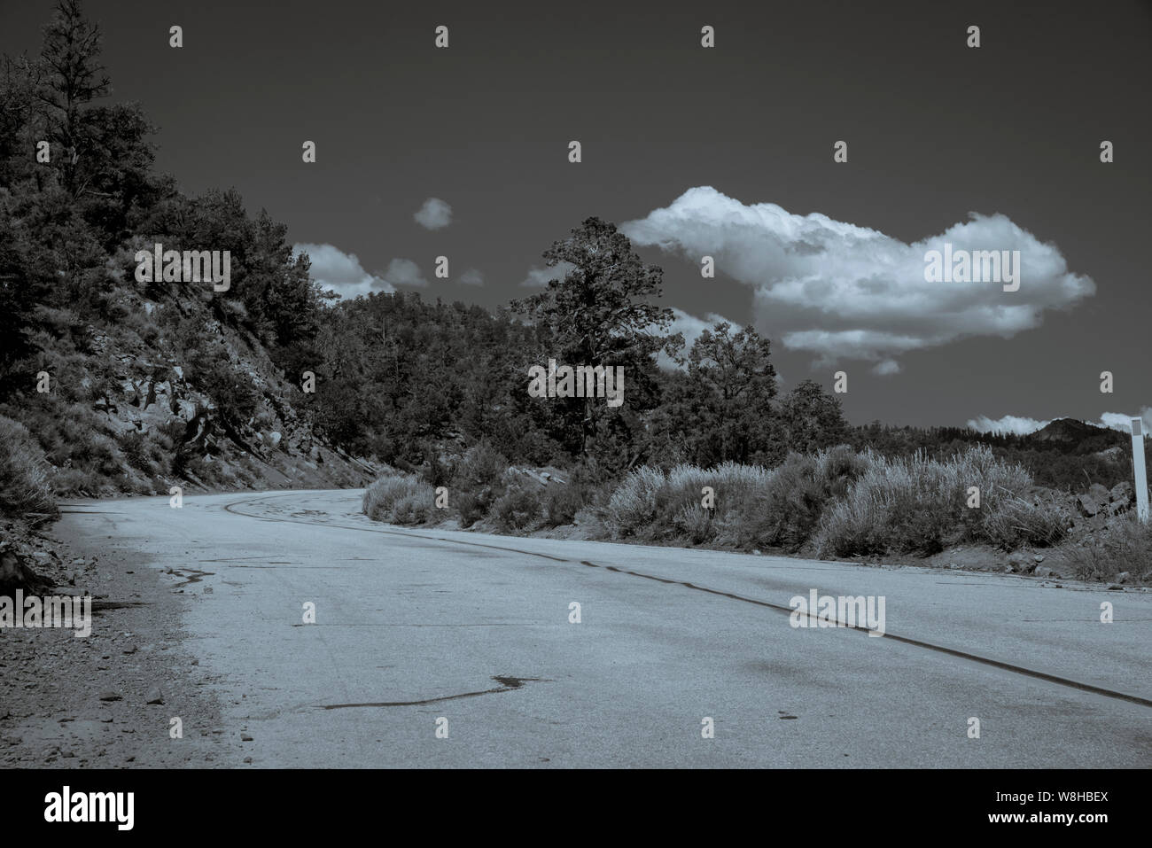 Uphill paved mountain road leading to curve with mountain side, foliage ...