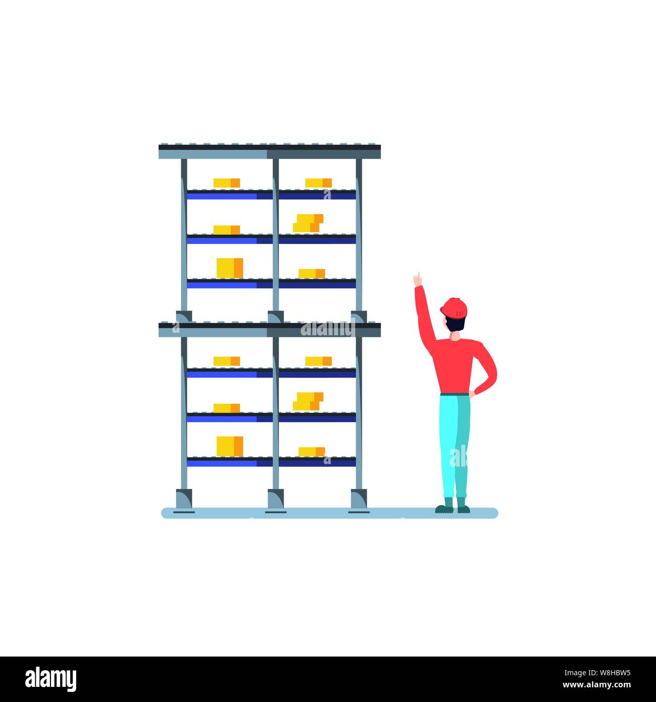 warehouse shelving metalic with boxes and operator vector illustration ...
