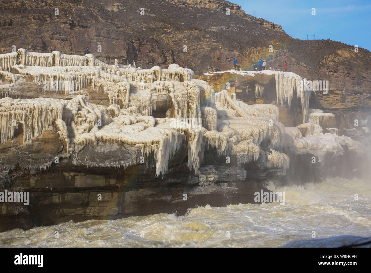 View of the frozen Hukou Waterfall on the Yellow River in Ji county ...