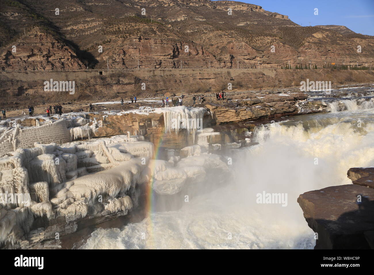 View of the frozen Hukou Waterfall on the Yellow River in Ji county ...