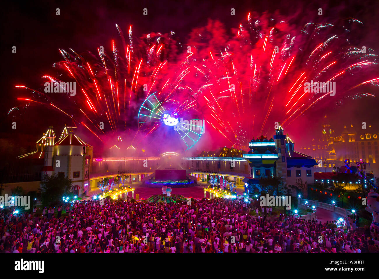 Fireworks explode over the Hello Kitty theme park in Anji county ...