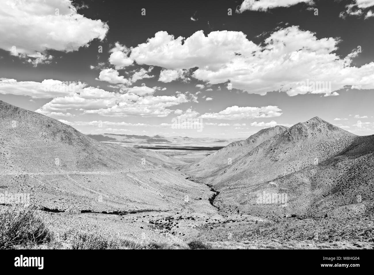 Looking down canyon to valley below under sky with white fluffy clouds ...