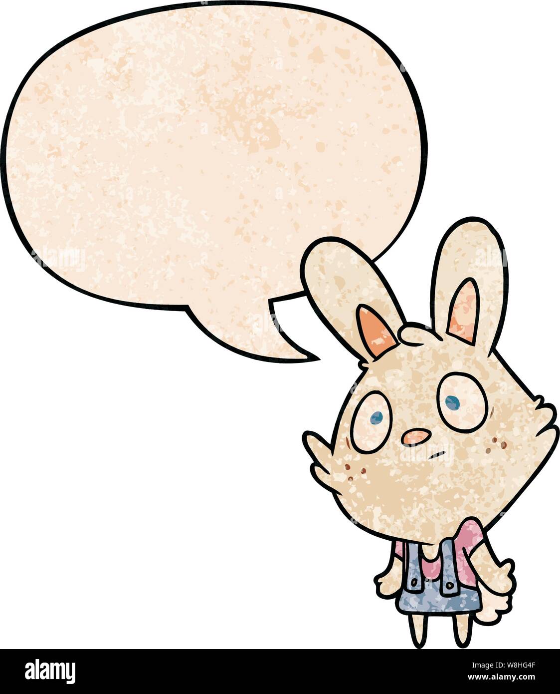 cute cartoon rabbit shrugging shoulders with speech bubble in retro ...