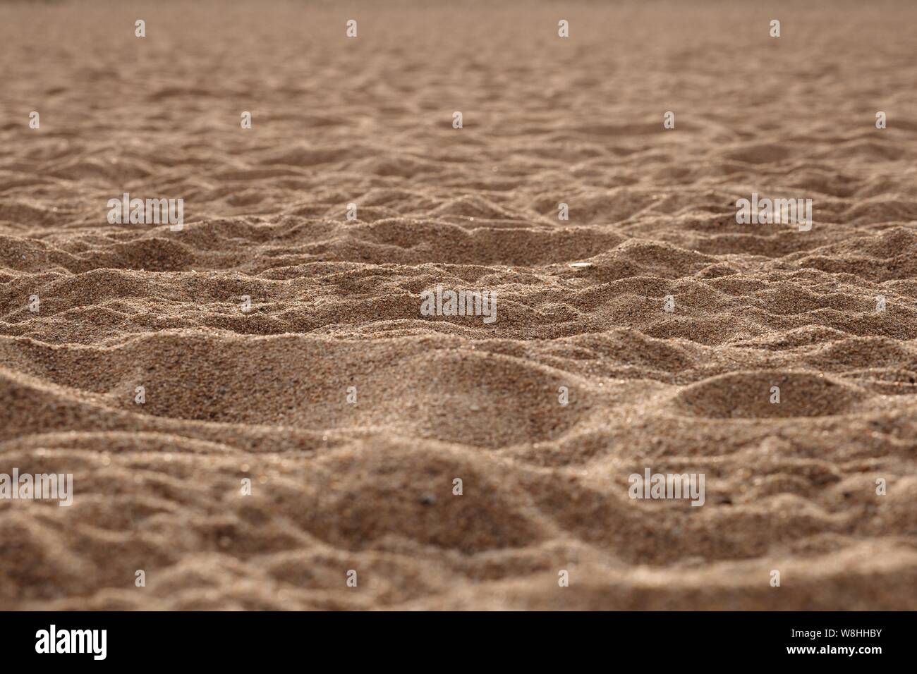 The sand on the beach in the rays of the warm sunset sun hills cast ...