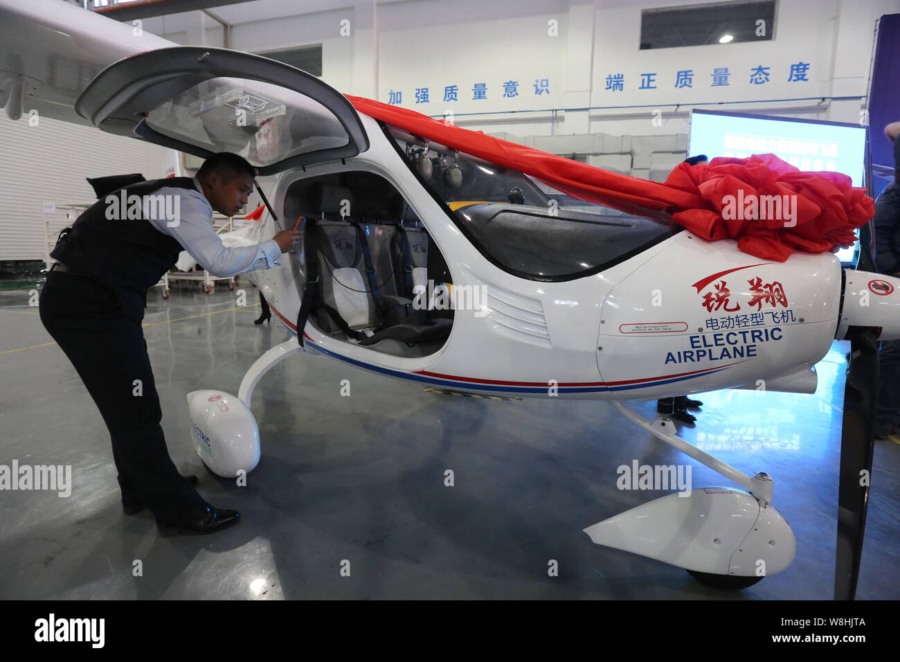 A visitor looks at China's first electric light sport aircraft RX1E ...