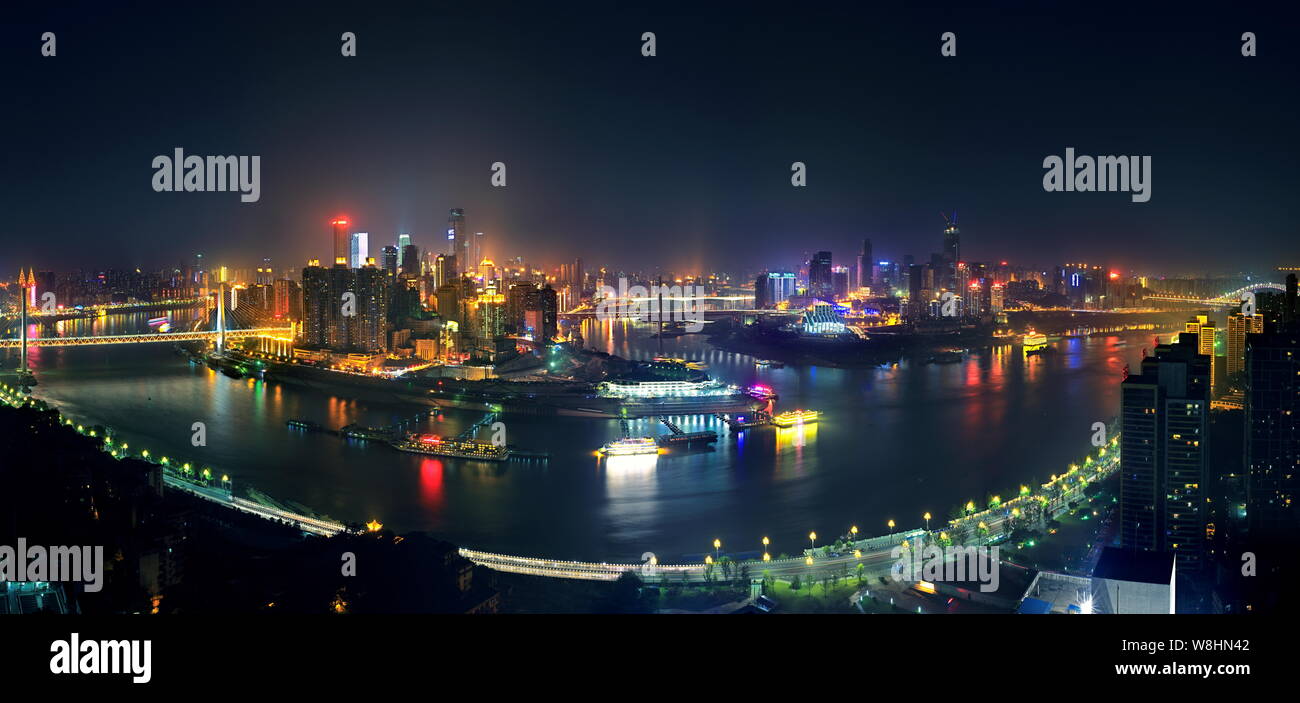 Night view of skyscrapers and high-rise buildings in Chongqing, China ...