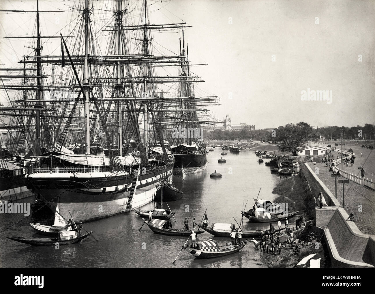 19th century vintage photograph - Large ships on the Hooghly River ...