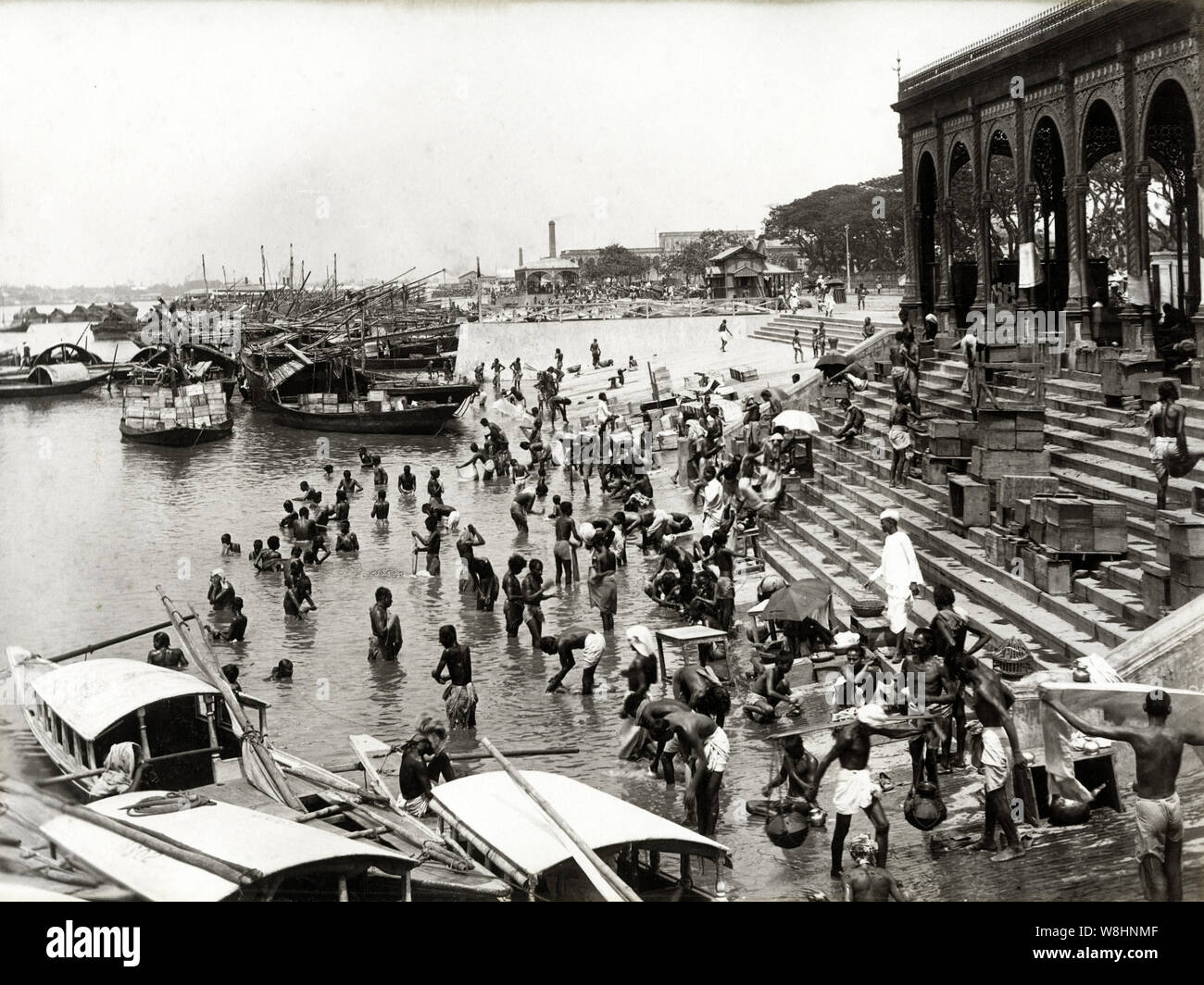 19th century vintage photograph - Bathing ghat on the Hooghly River ...