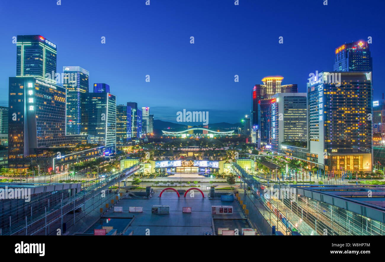 Night view of high-rise buildings in Futian district, Shenzhen city ...