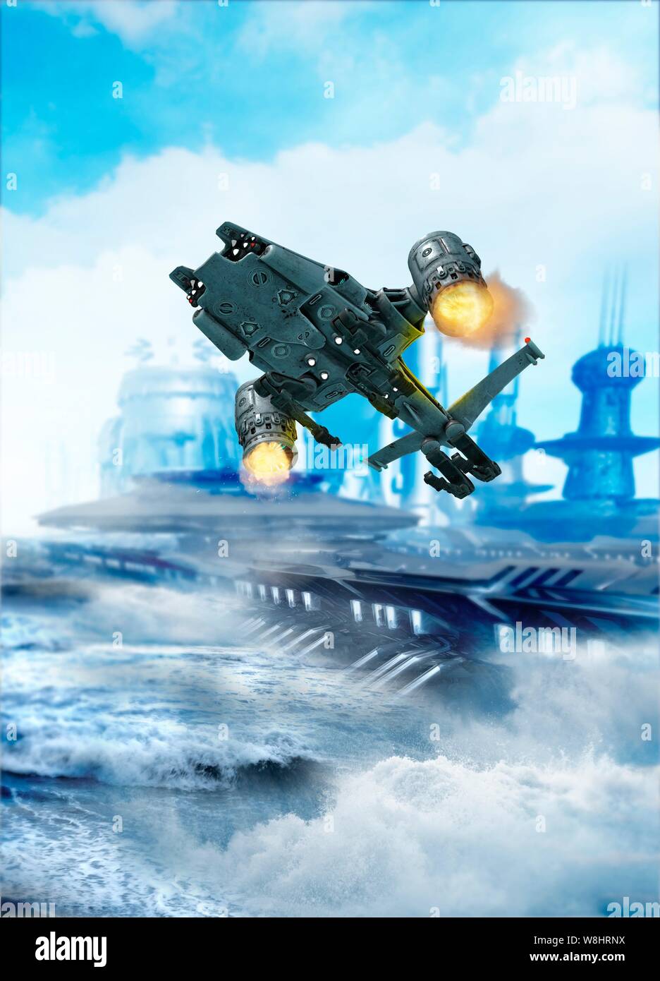 Drone craft flying over water, illustration Stock Photo - Alamy