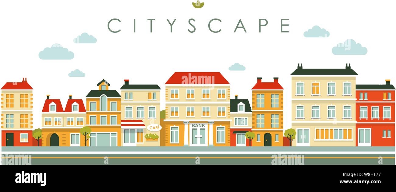 Town panoramic cityscape seamless background in flat style Stock Photo ...