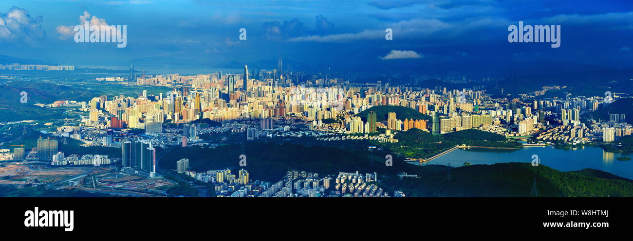 --FILE--Panoramic view of downtown areas with clusters of skyscrapers ...