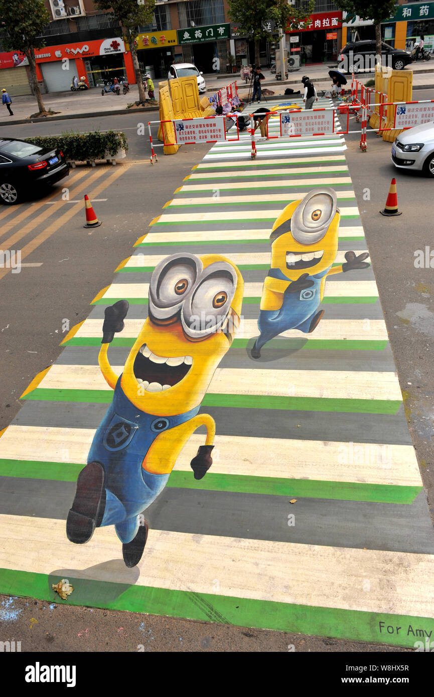 3D paintings of Minions are seen on a road crossing in Suqian city ...