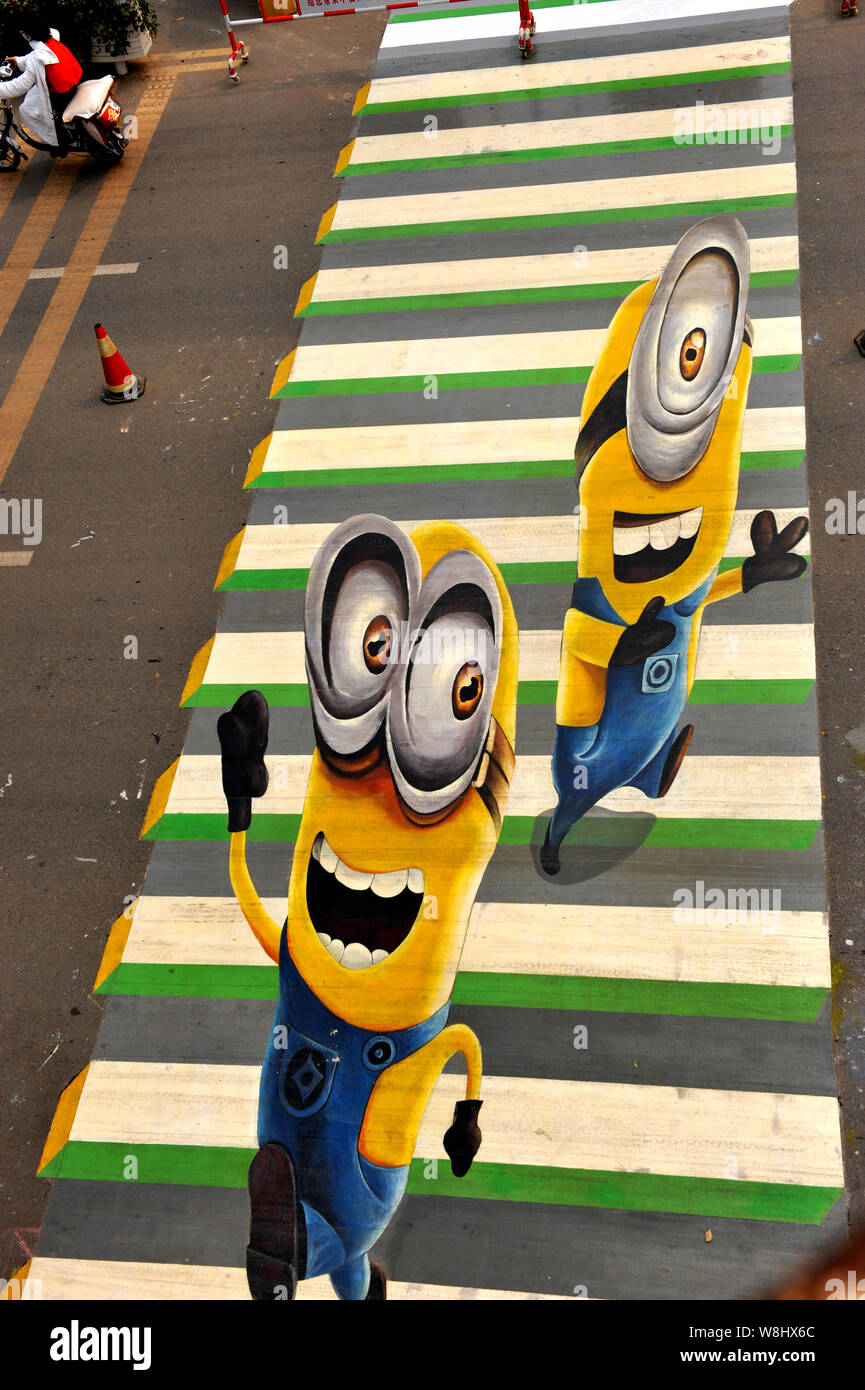 3D paintings of Minions are seen on a road crossing in Suqian city ...
