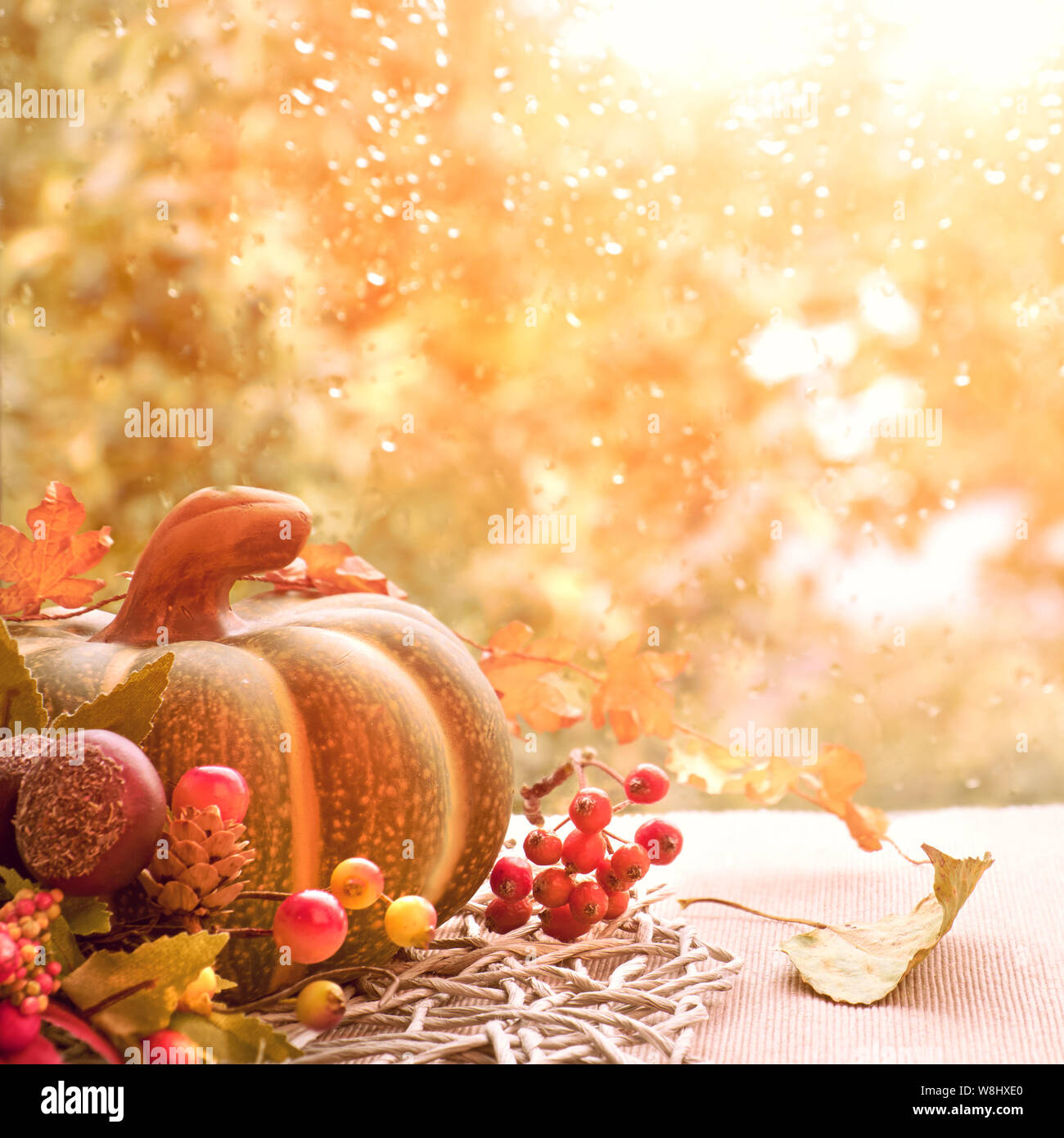 Autumn still life with pumpkins and dry leaves on a window board on a ...