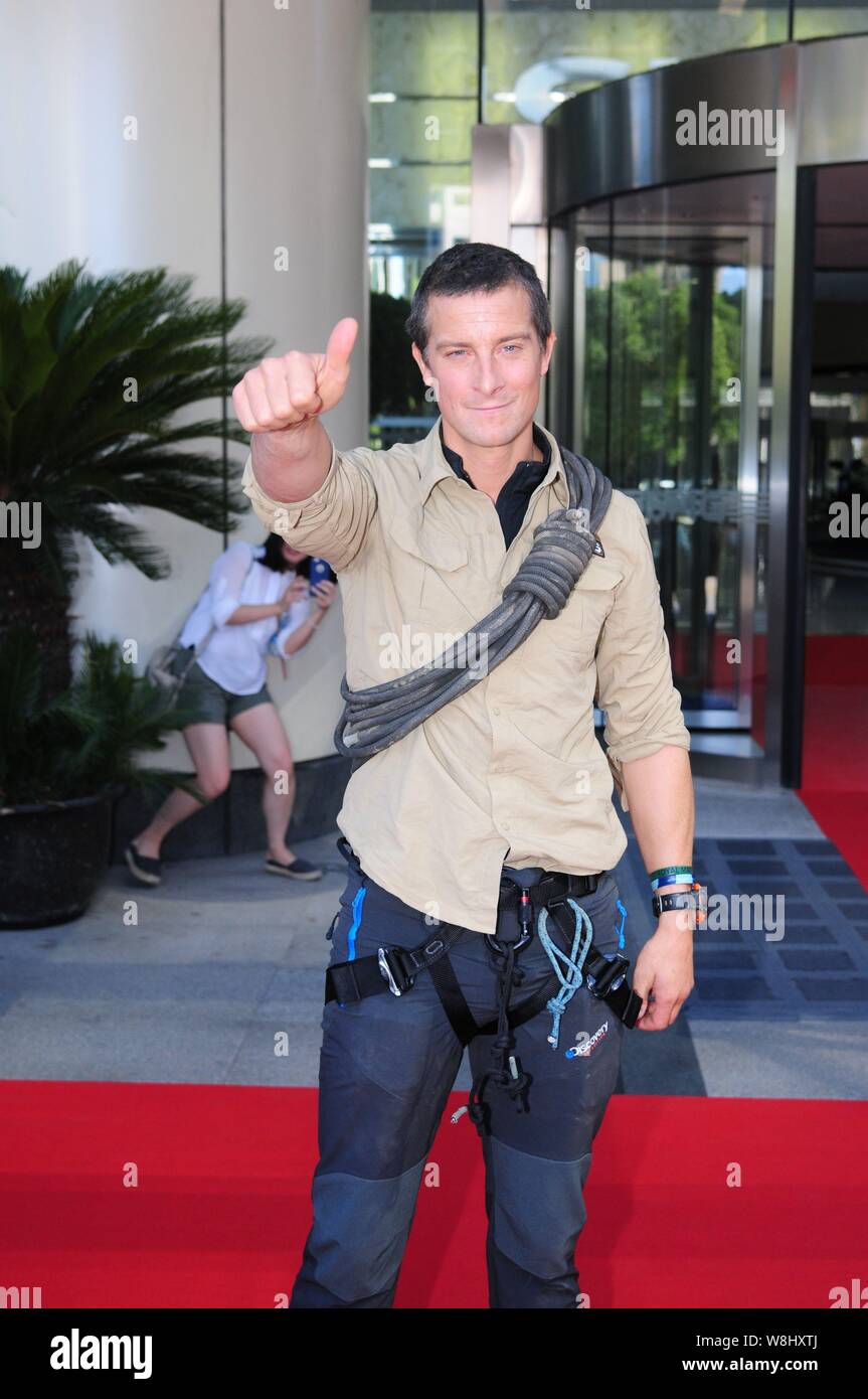 British adventurer and television presenter Bear Grylls poses during a ceremony for the wrap of ...