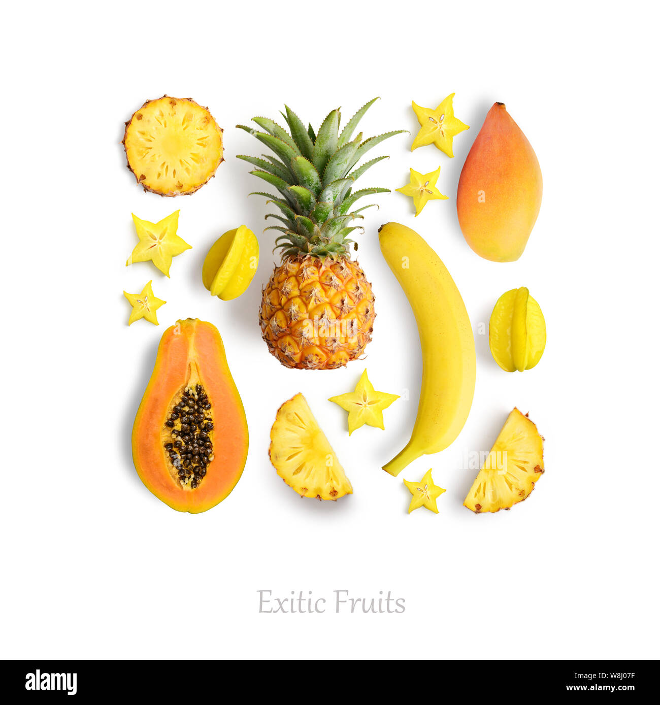 Fresh exotic fruits isolated on white background, top view Stock Photo ...