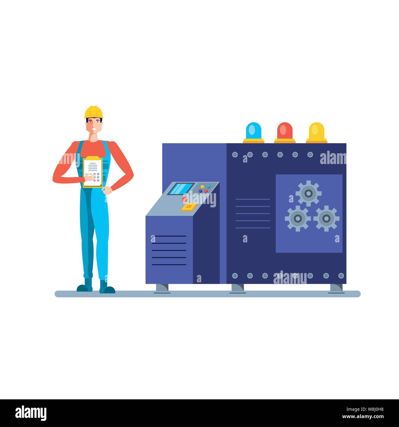 industrial production machine with worker character vector illustration ...