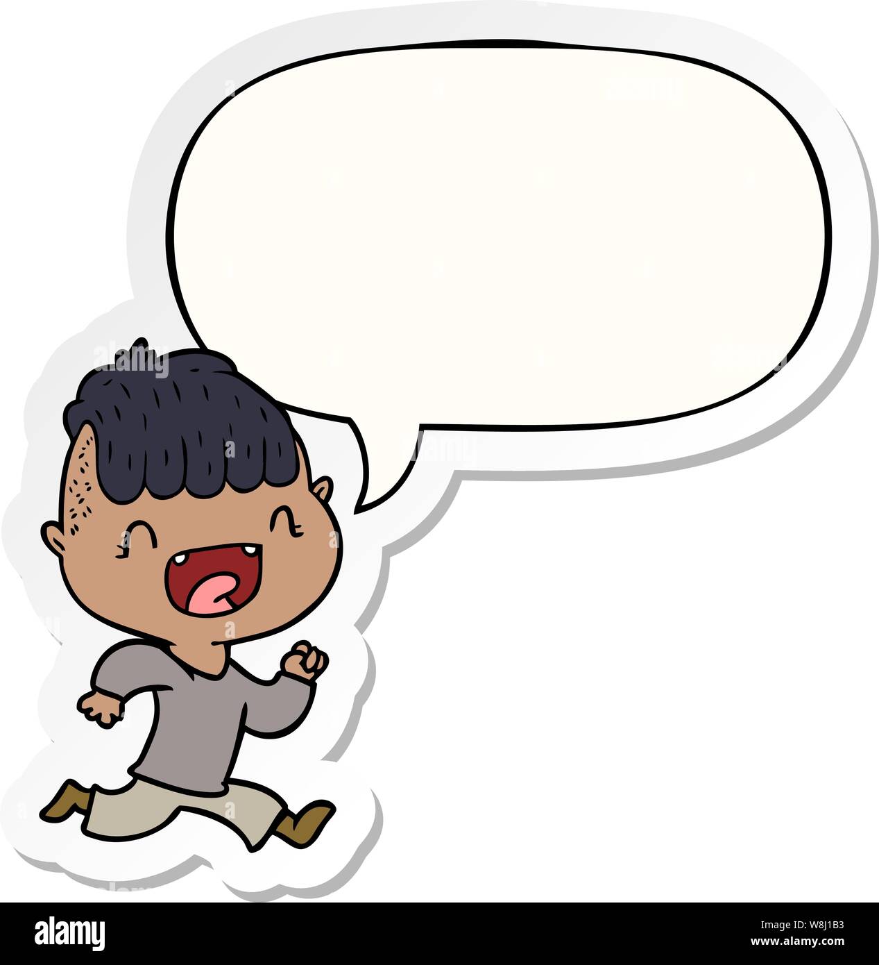 cartoon happy boy laughing and running away with speech bubble sticker ...