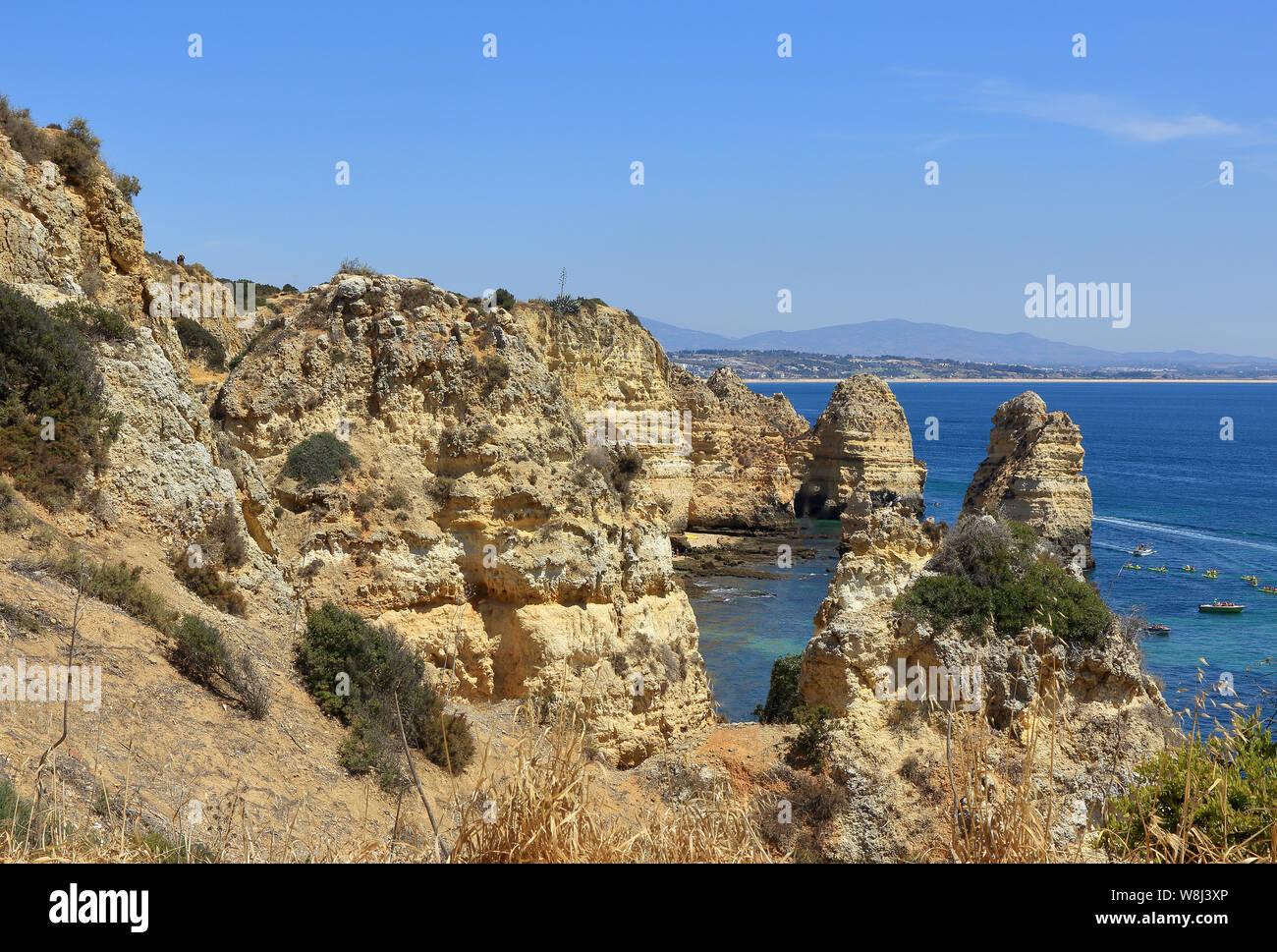 A landscape scene showing the beautiful Limestone rocky cliffs at Ponta ...