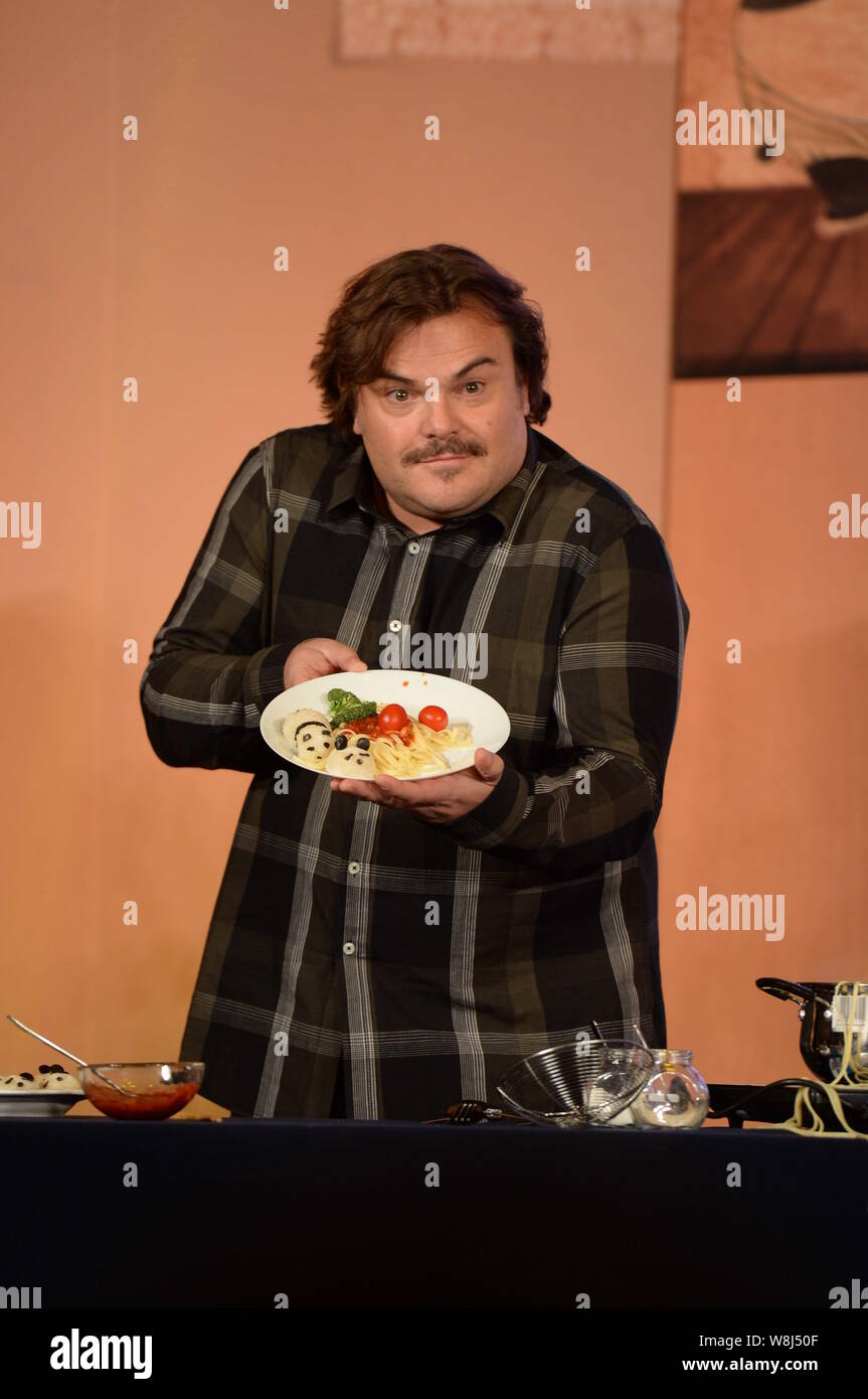 American actor Jack Black shows the noodles he cooked at a press ...
