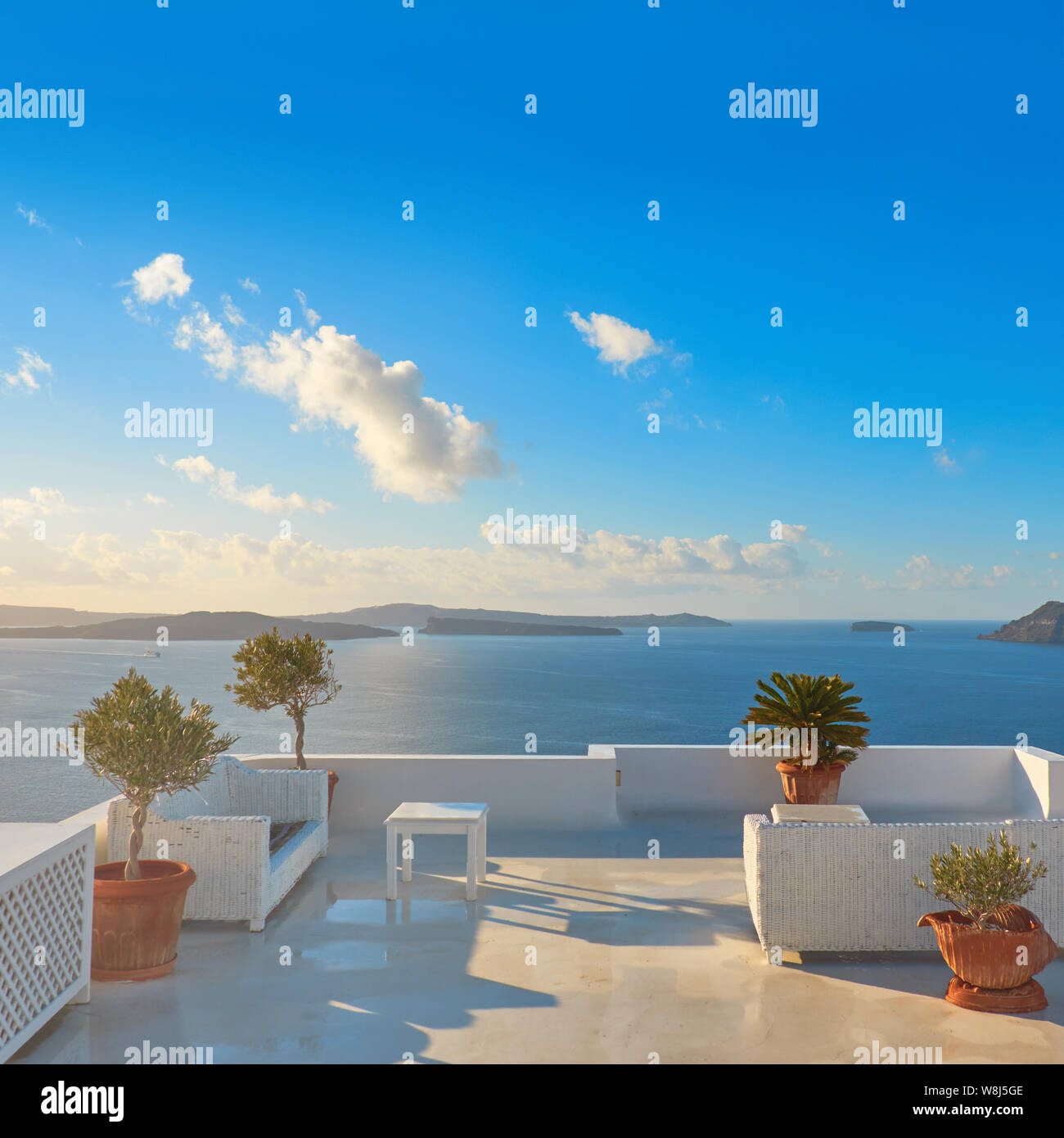 A view of beautiful sea and caldera with luxury roof terrace, typical ...