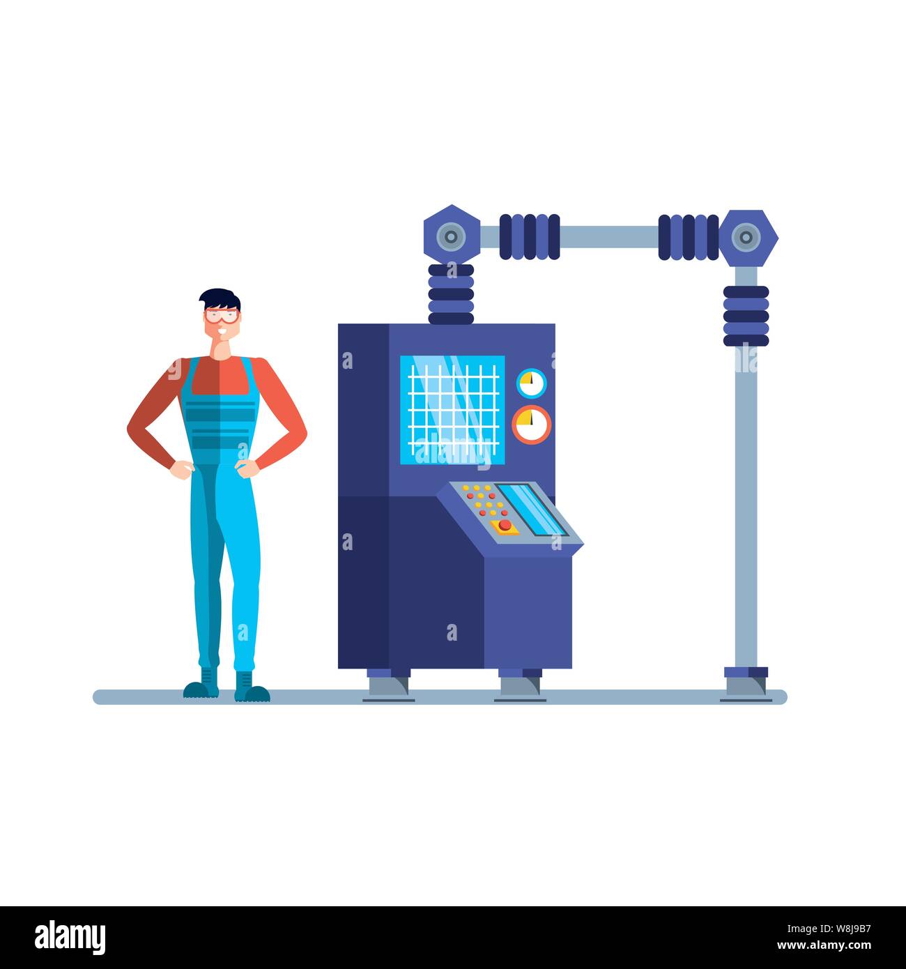 industrial production machine with worker character vector illustration ...