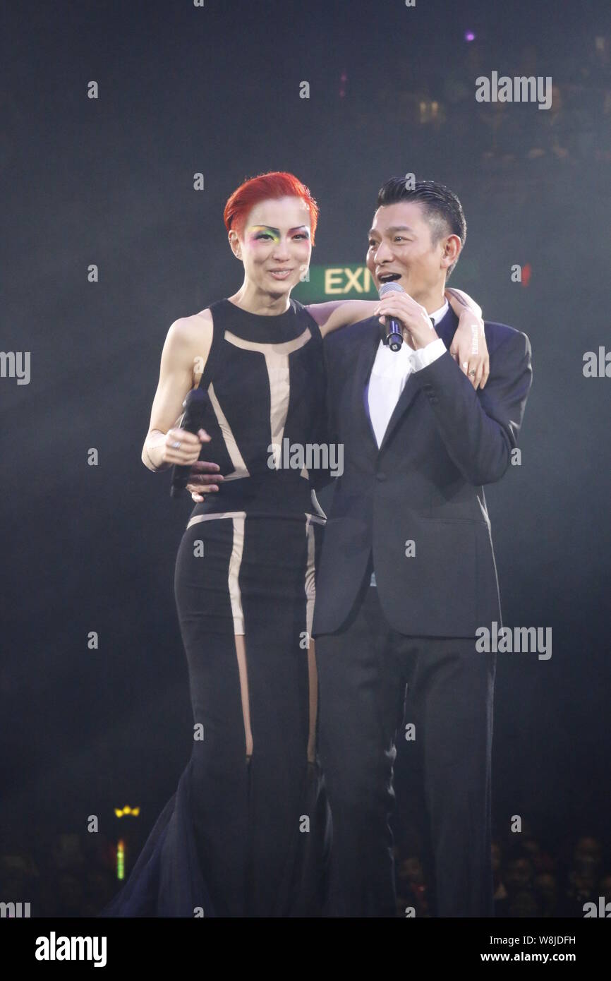 Hong Kong actress and singer Sammi Cheng, left, and Hong Kong actor and singer Andy Lau perform ...